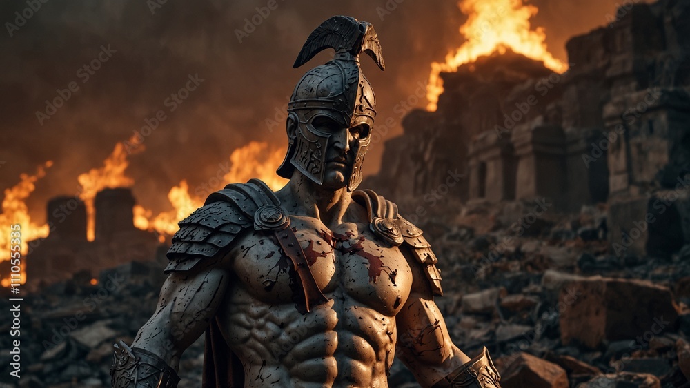 Ares statue wielding a bloodied spear; a battlefield in ruins and ...