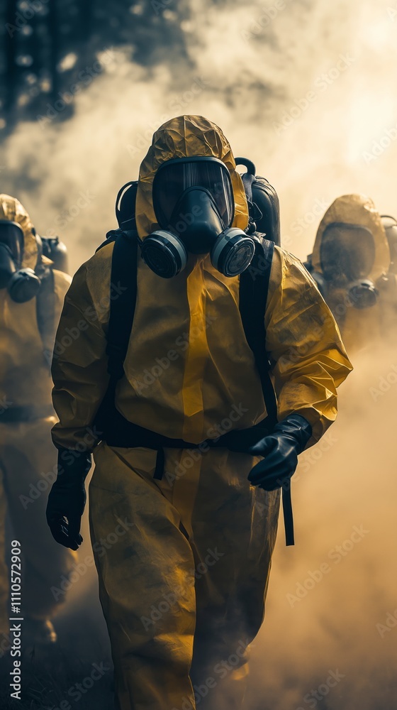 Emergency response team handling hazardous materials in smoke filled ...