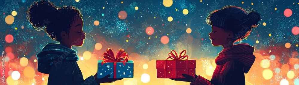 Festive Holiday Celebration of Friends Exchanging Joyful Gifts Cozy ...