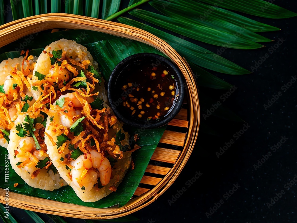 Vietnamese banh beo, steamed rice cakes topped with shrimp and crispy ...