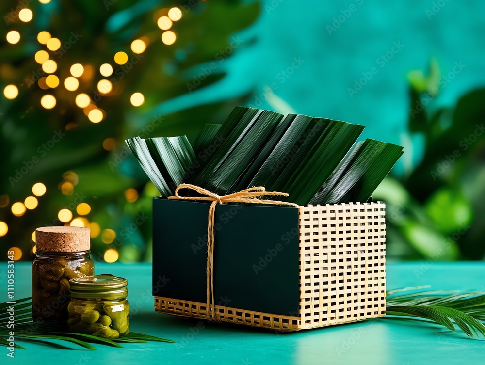 Vietnamese banh chung, square sticky rice cakes wrapped in green leaves ...