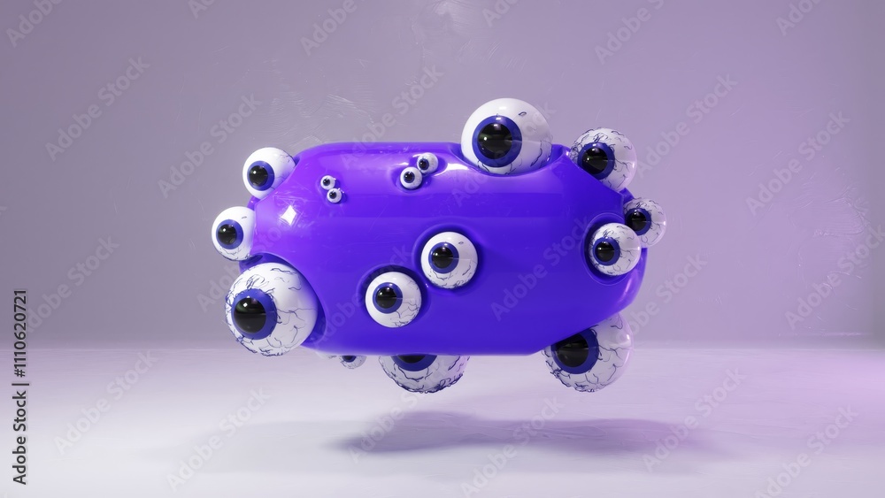 Large, purple, oblong, floating blob is covered with many watchful eyes ...