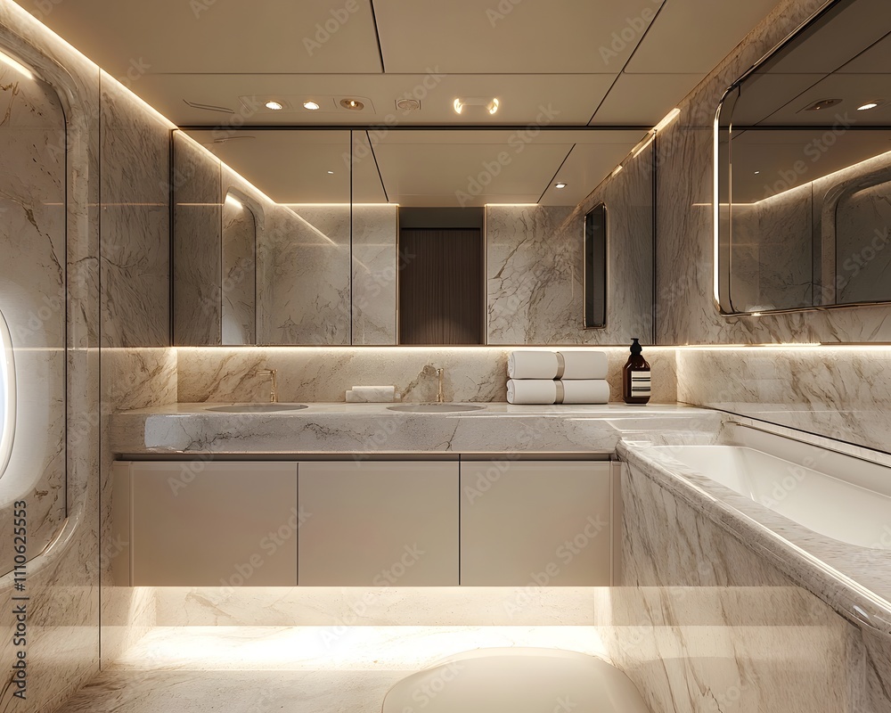 Minimalist private jet bathroom with marble finishes, elegant fixtures ...