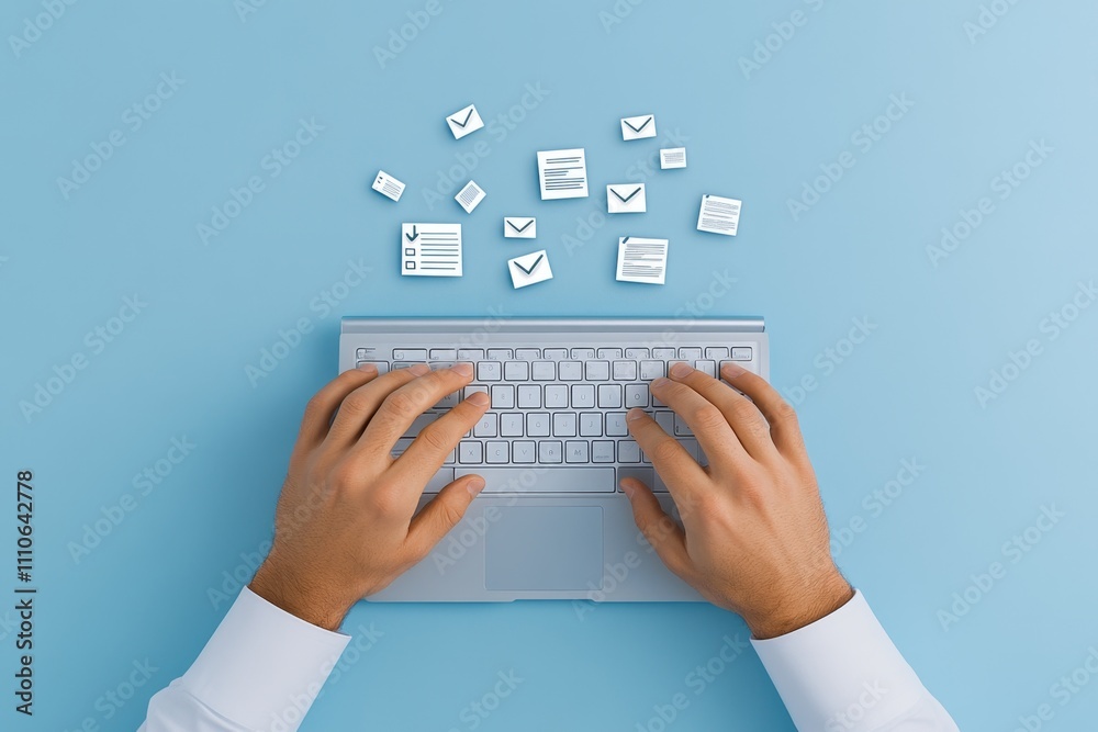 Close-up of hands typing on a keyboard with holographic document ...
