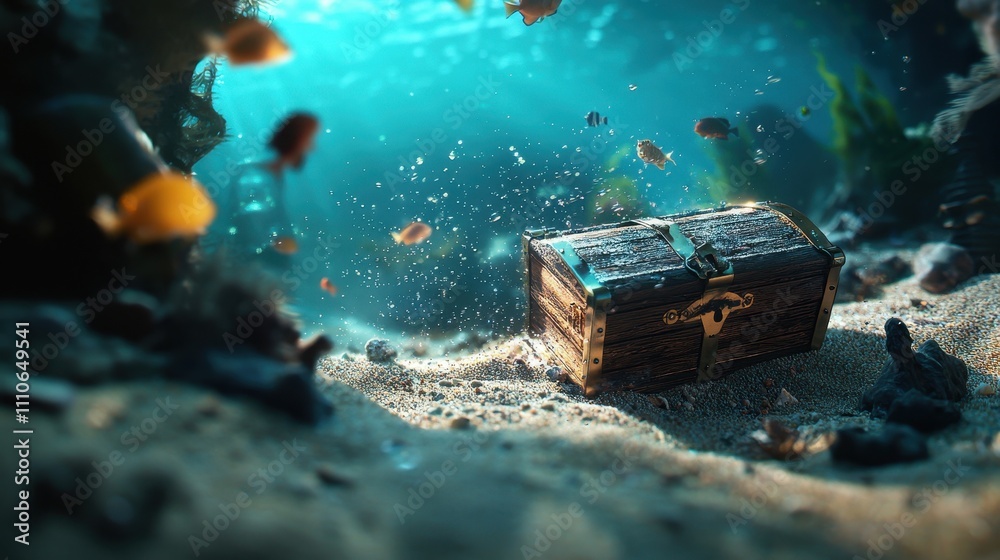 Lost treasure chest on the ocean floor, half-buried in sand and ...