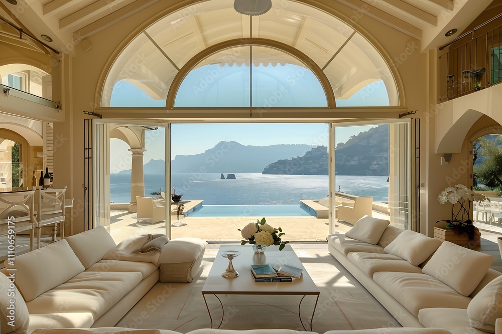 Elegant living room interior design featuring vaulted ceilings, soft ...