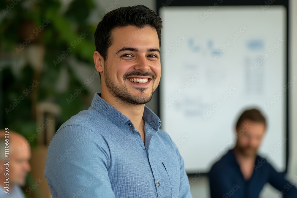 A cheerful young man stands confidently in a modern office setting. He ...