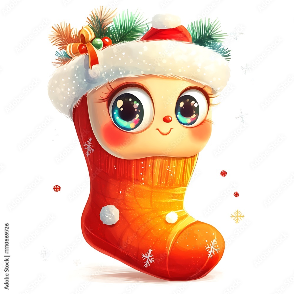 Cute cartoon illustration of a festive stocking with big playful eyes ...