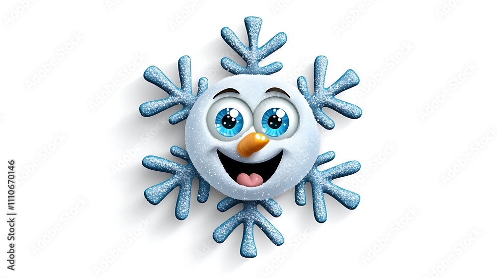 Cute cartoon illustration of a snowflake with big sparkling eyes and a ...