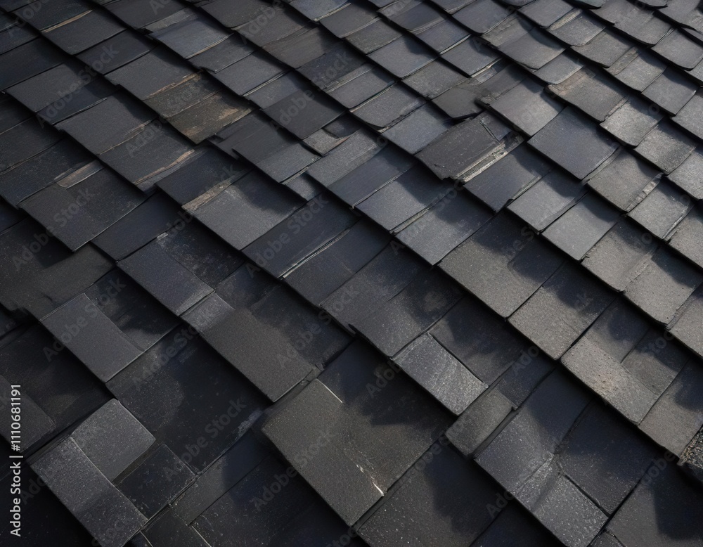 Black asphalt roof shingles overlapping in a diagonal pattern, top view ...