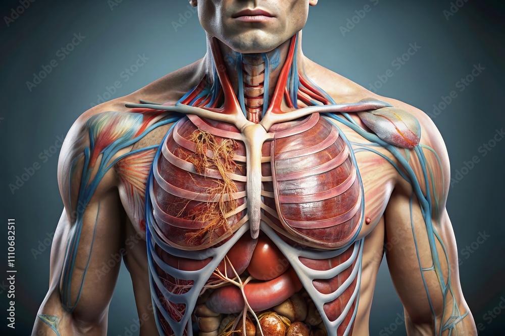 Detailed Male Chest Anatomy with Organs Illustration for Educational Purposes, Highlighting ...