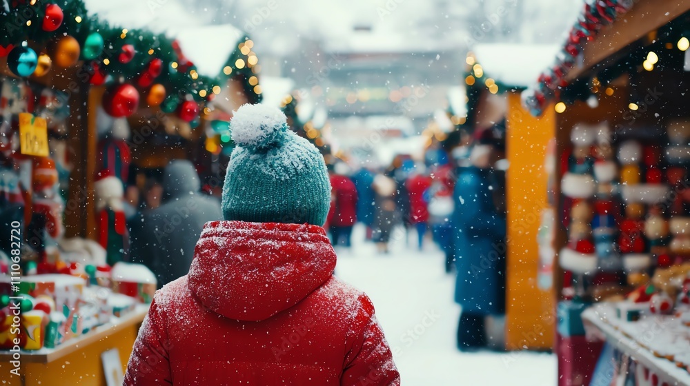 Christmas market scene, colorful stalls with ornaments and sale signs ...