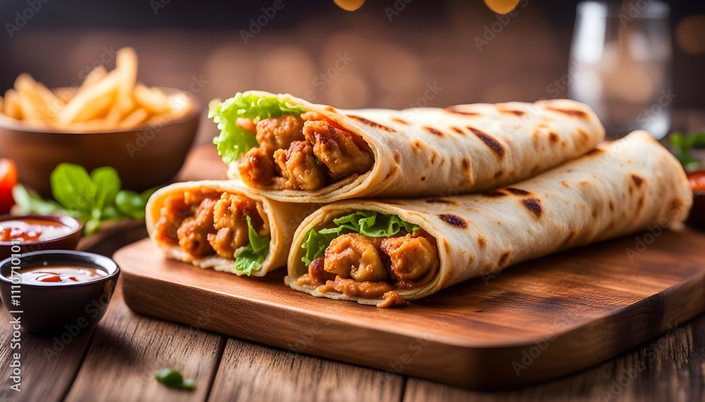 Crispy Chicken Wrap paratha roll served in wooden board side view of ...