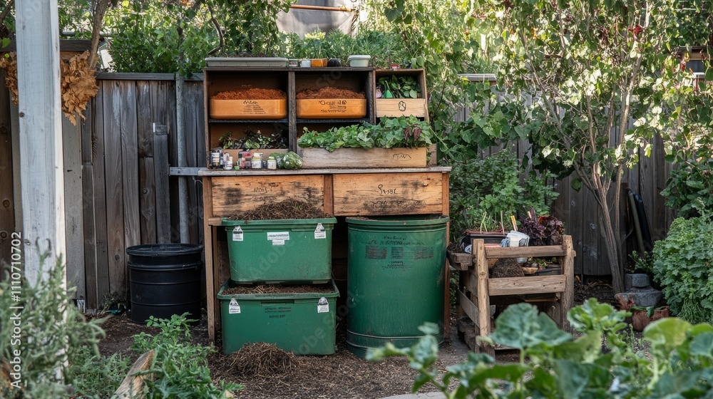 Composting station in corner of garden, neat bins, labeled layers ...