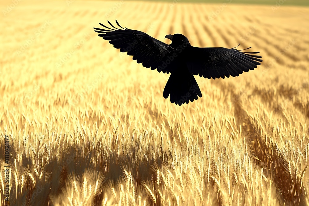 Raven in flight over an open, golden wheat field, wings casting shadows ...