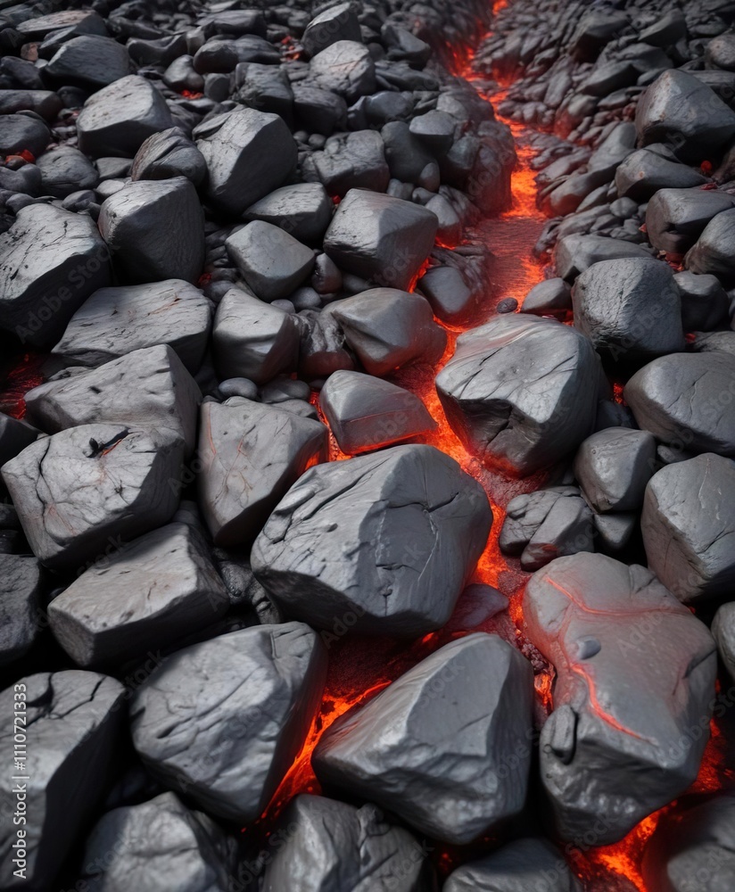 Dark grey coal rocks with red hot lava flows emerging from the cracks ...