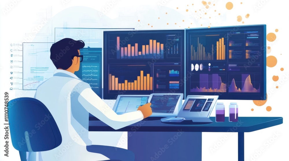 Data analysis in a laboratory with multiple screens displaying statistical charts and graphs ...