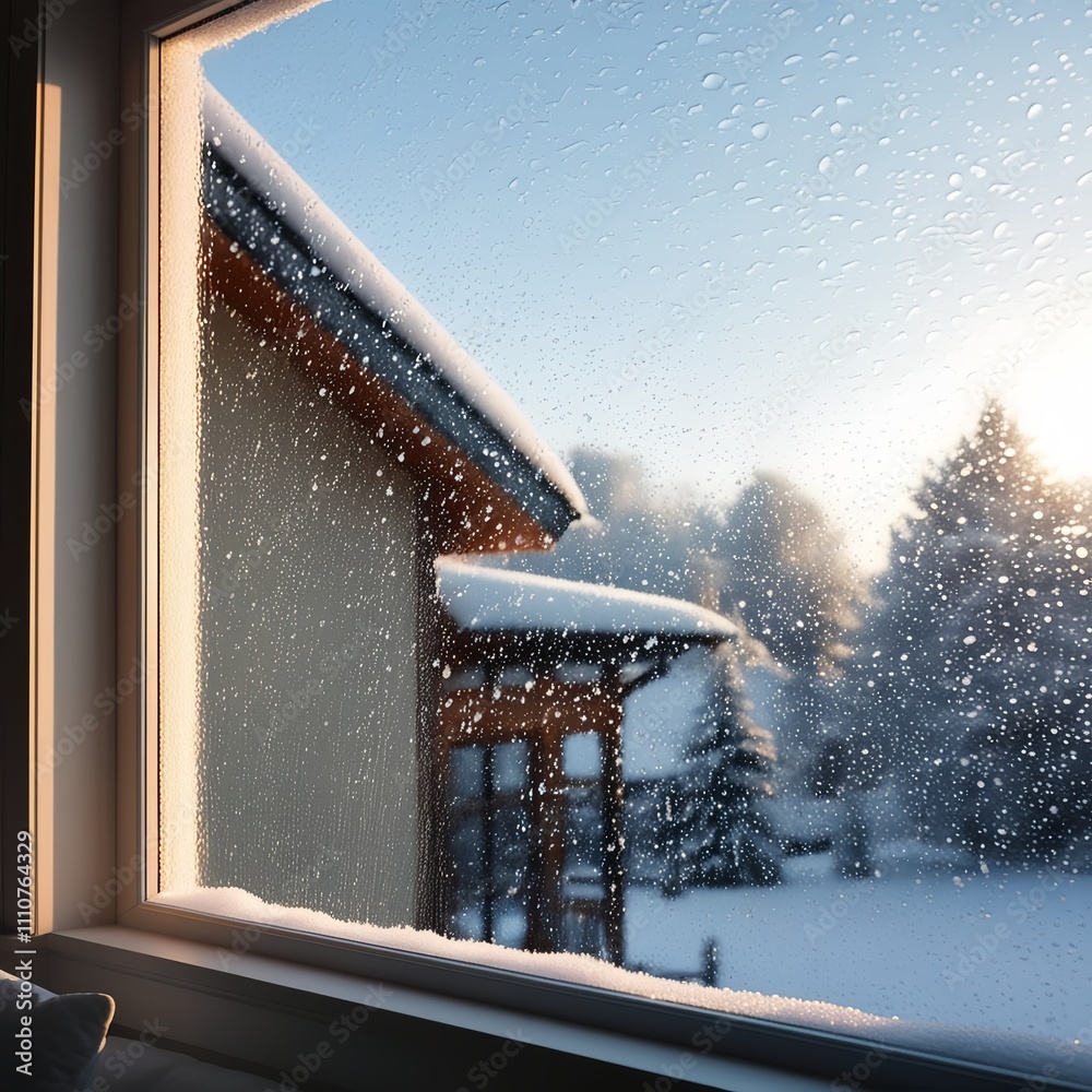 see the snowfall from inside the house through the glass window Stock ...
