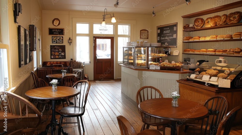 Charming bakery interior with wooden floors, tables, chairs, and ...