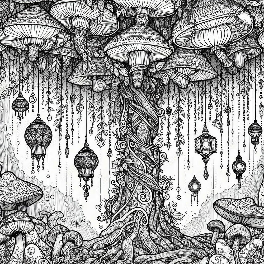 Upside Down Mushroom Canopy with Lanterns and Mythical Creatures ...