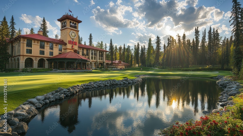 Serene Golf Course Landscape Featuring a Charming Clubhouse Surrounded ...