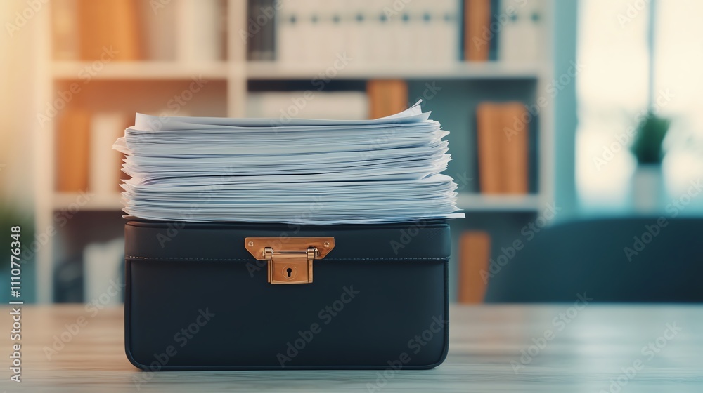 Open briefcase with home loan paperwork inside, modern office ...
