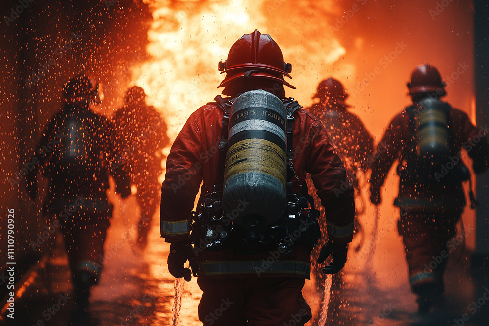 Back view of a group of firefighters running towards a burning house ...