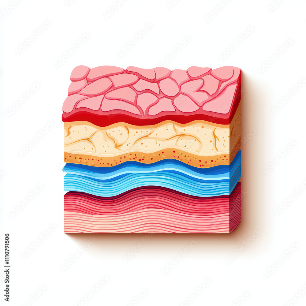 Anatomical illustration of skin layers showing epidermis, dermis, and ...
