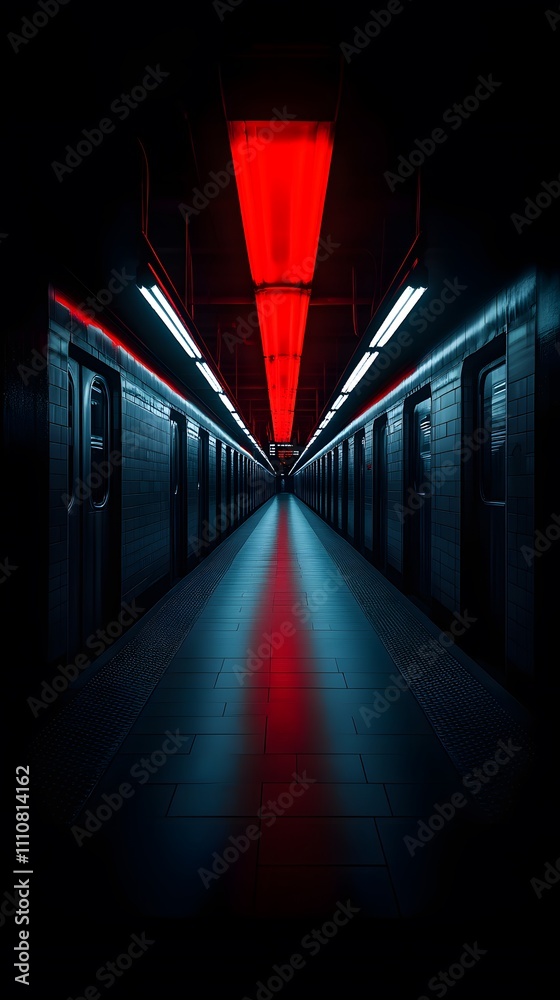 Red light illuminates a dark, long corridor. Stock Illustration | Adobe ...