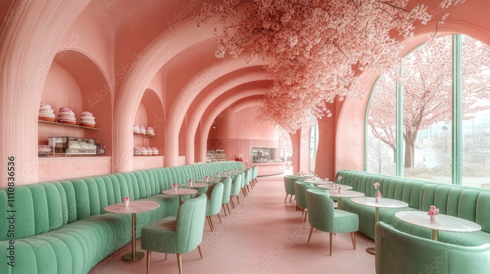 Pastel pink cafe interior with arched walls, mint green booths, cherry ...
