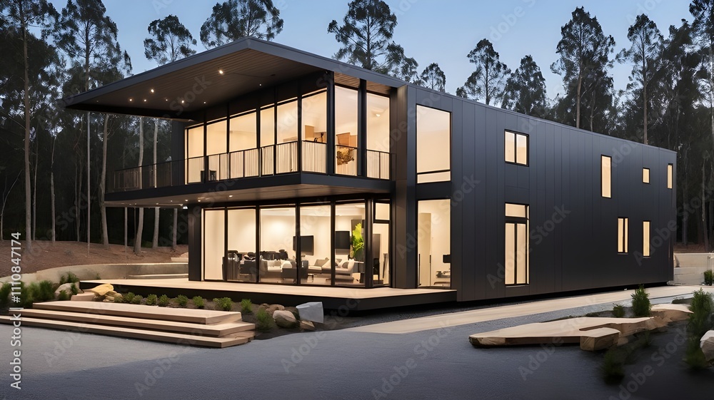 Modern modular home showcased in production facility with sleek design ...