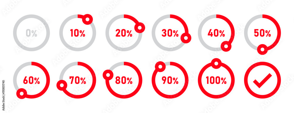 Infographic loading circles and progress circles set with 0 to 100 percent in red color. Set of ...