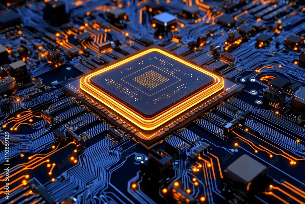 A colorful 3D illustration of a futuristic motherboard with a CPU at ...