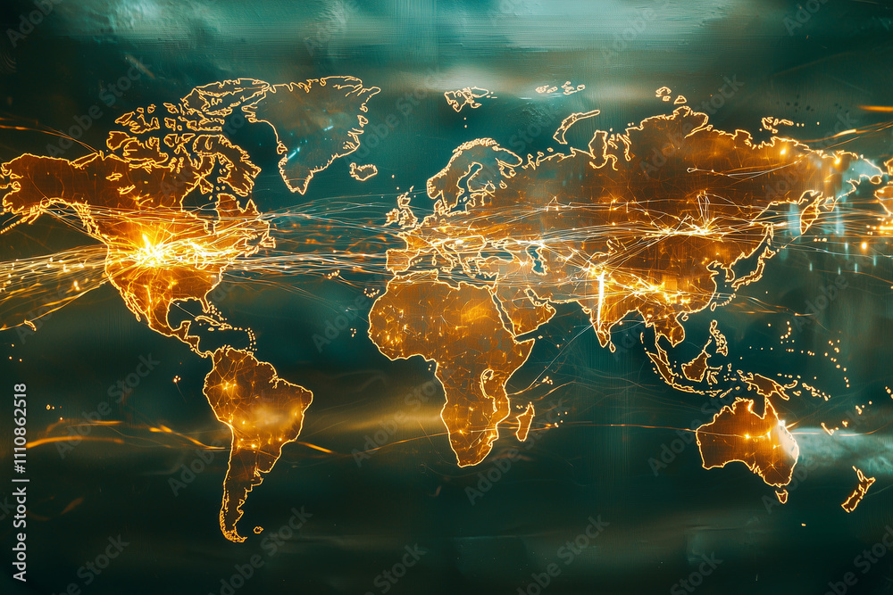 holographic world map with pulsing lights, showcasing global ...