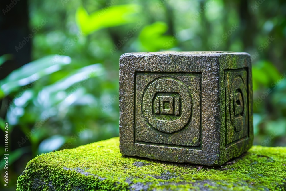 A stone cube engraved with ancient symbols, sitting in a jungle setting ...
