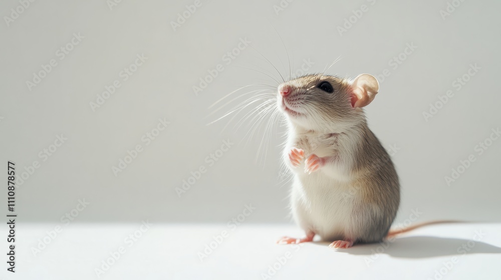 A small mouse stands on its hind legs, gazing upward with curiosity ...