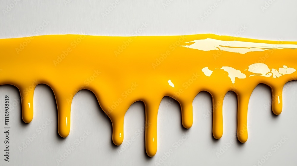 Vibrant yellow paint dripping down a white canvas, creating a bold and ...