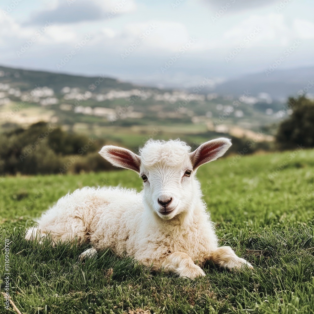 Cute funny small fur wool ram kid relax spring rustic Israel green lawn ...