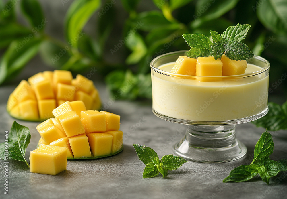 Mango Panna Cotta a mango and white chocolate pudding with sliced ...