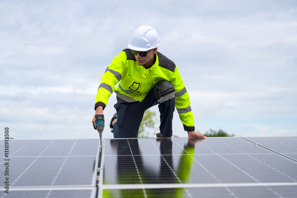 Renewable Energy Eco Technology Electric Power. Worker assemble energy ...