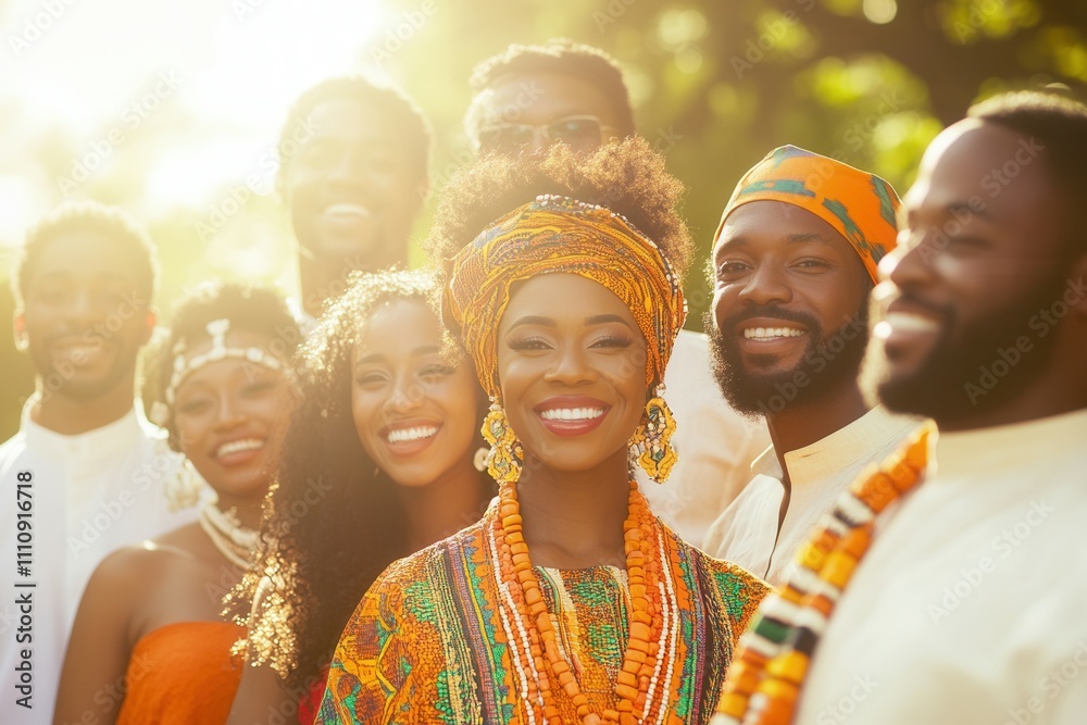 A cheerful gathering of nine individuals dressed in colorful ...