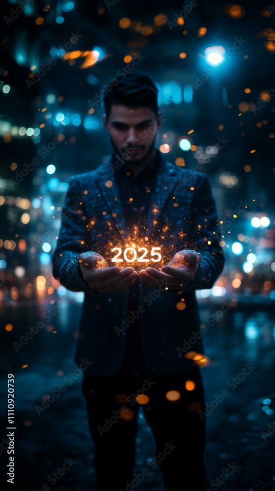 Stock-Illustration „"2025" written on. Businessman in suit holding 2025 ...