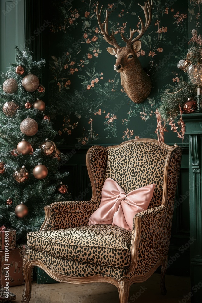 Elegant and cozy corner featuring a leopard print chair, festive tree ...
