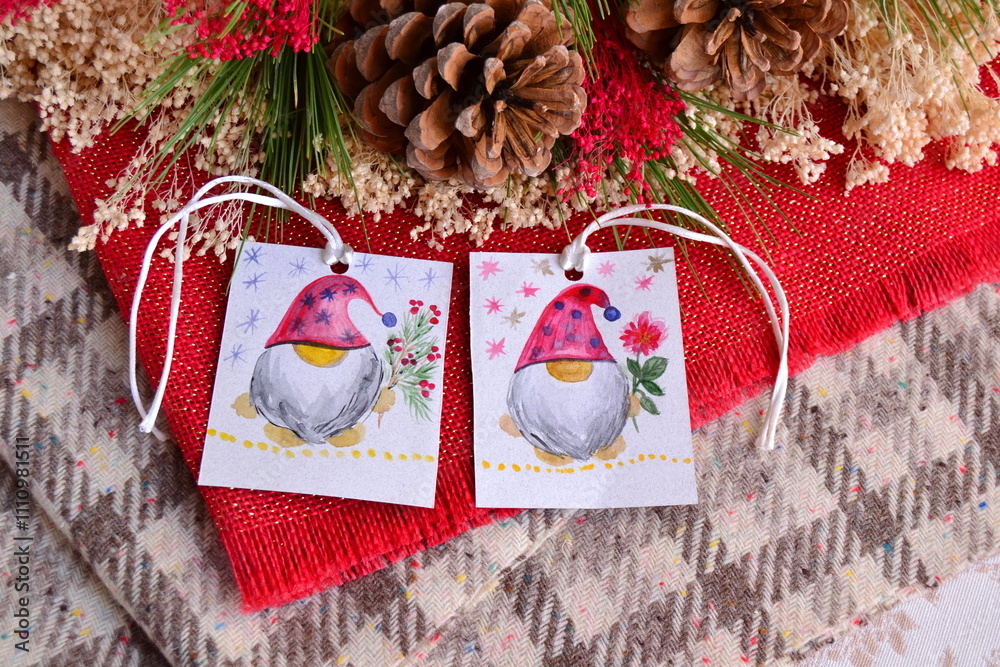 Christmas gnomes gift tags mockup copy space pine tree red berries ...