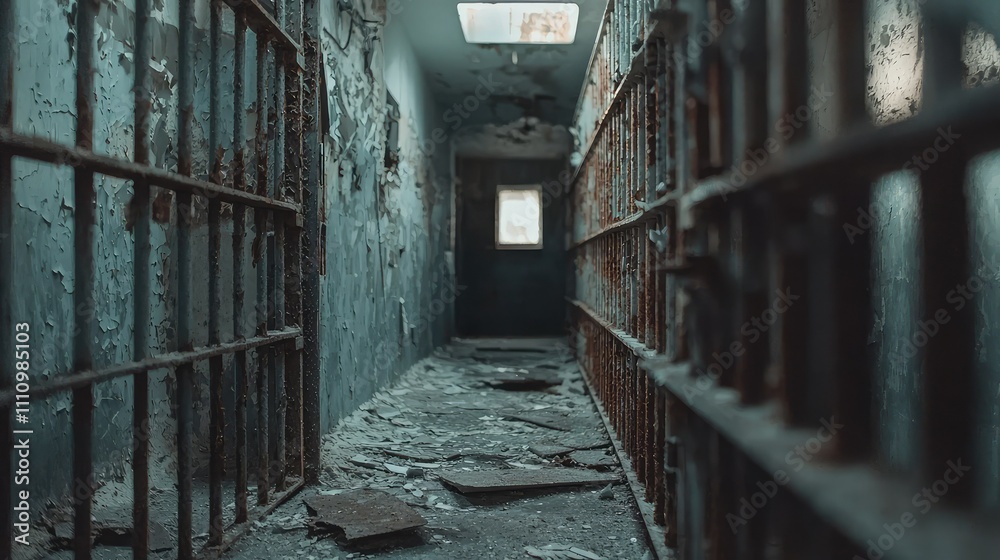 Abandoned Jail Cell Block Interior with Rusty Bars and Crumbling Walls ...