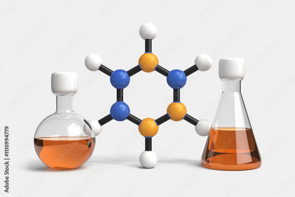 A 3D model of a benzene ring with two flasks containing an orange ...
