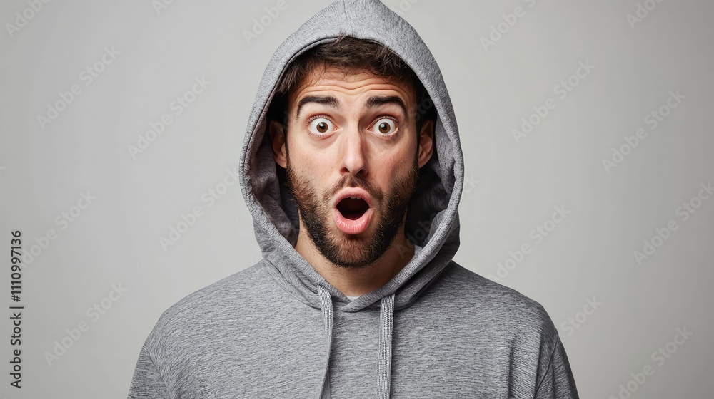 Surprised Man with Hooded Sweatshirt Expressing Astonishment and Shock ...