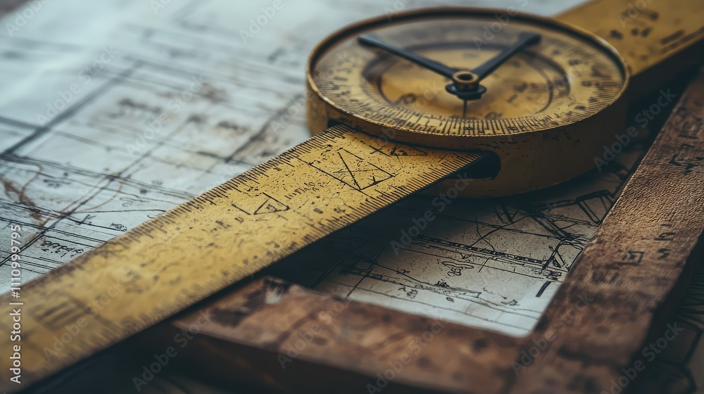 Vintage Compass and Ruler on Architectural Blueprints Creating a ...