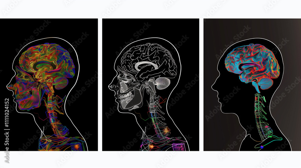 Three high-definition brain scans in varying colors highlight ...