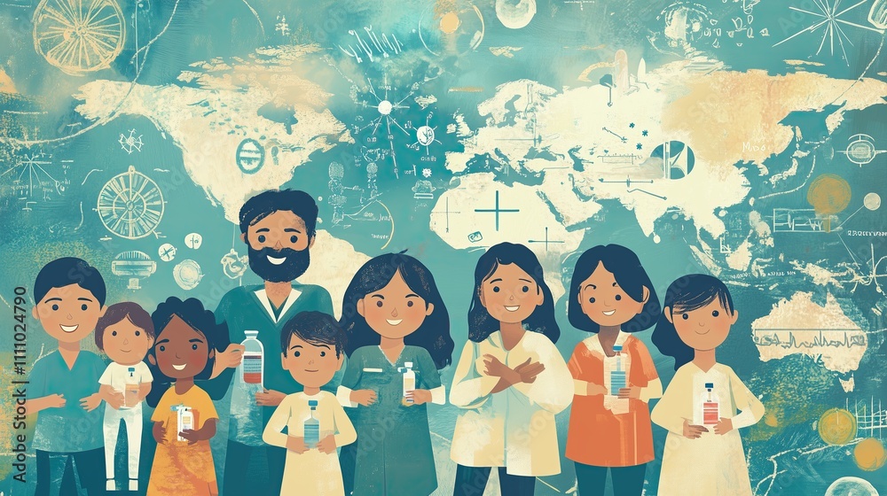 multicultural composition showing healthcare workers, parents, children ...